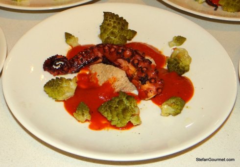 Grilled Octopus with Octopus Sponge, Bell Pepper Coulis and Romanesco ...