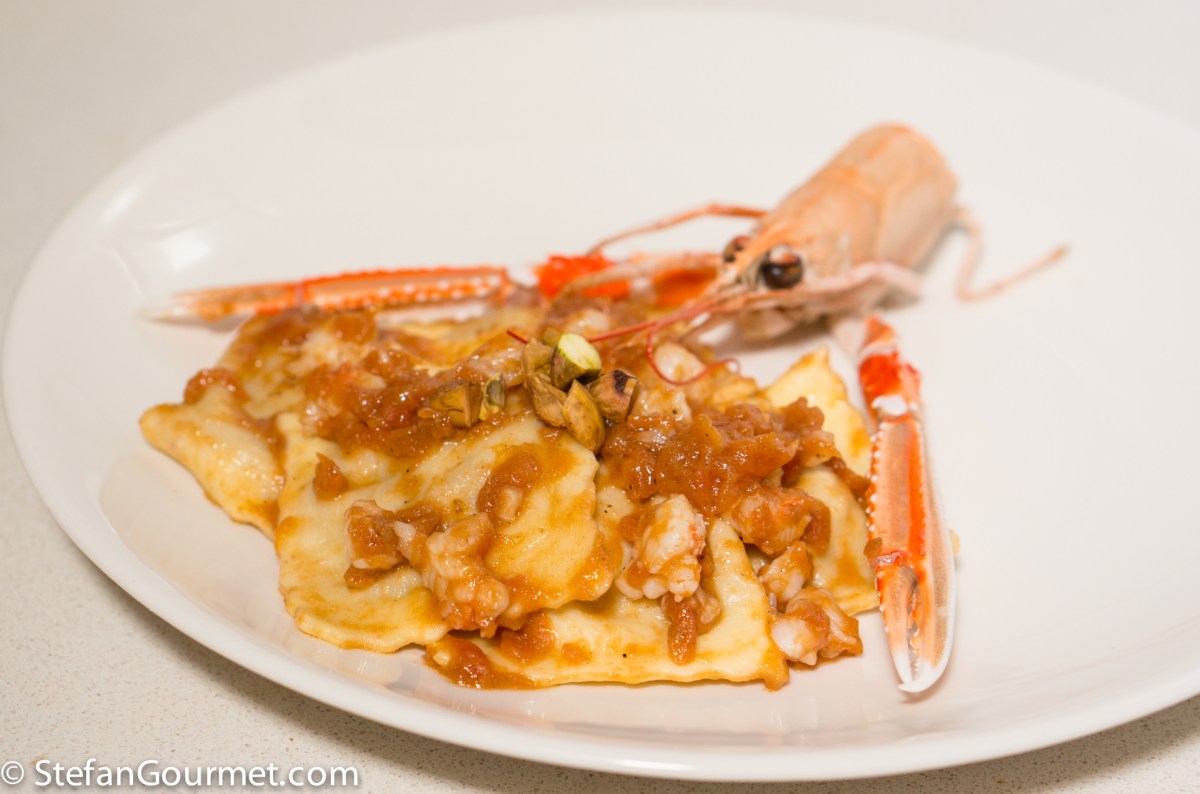 Sea Bass and Pistachio Ravioli with Scampi Ragù – Stefan's Gourmet Blog
