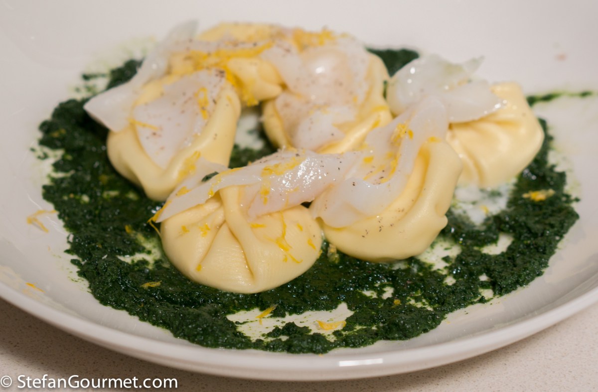 Burrata Ravioli with Cod Confit and Chard Puree (Ravioli di Burrata con ...